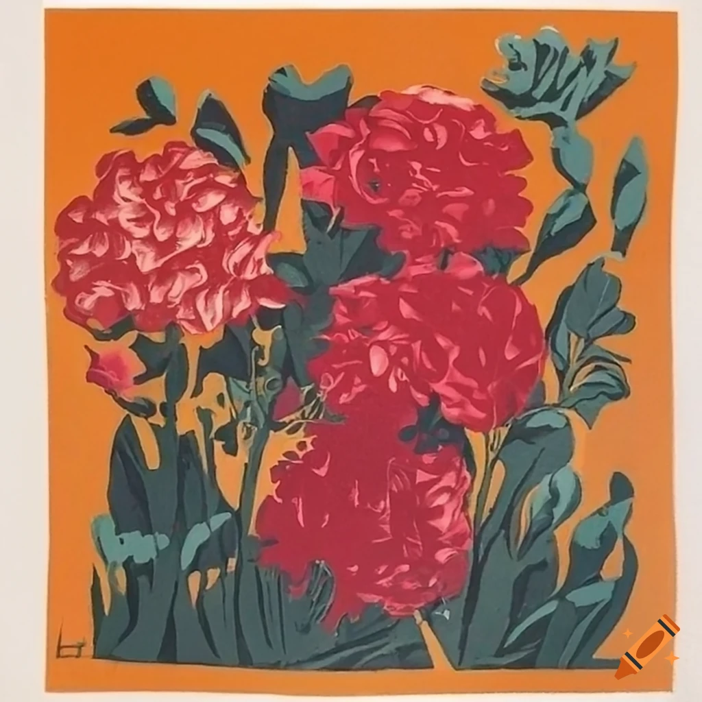 Lino print with colorful garden theme on Craiyon
