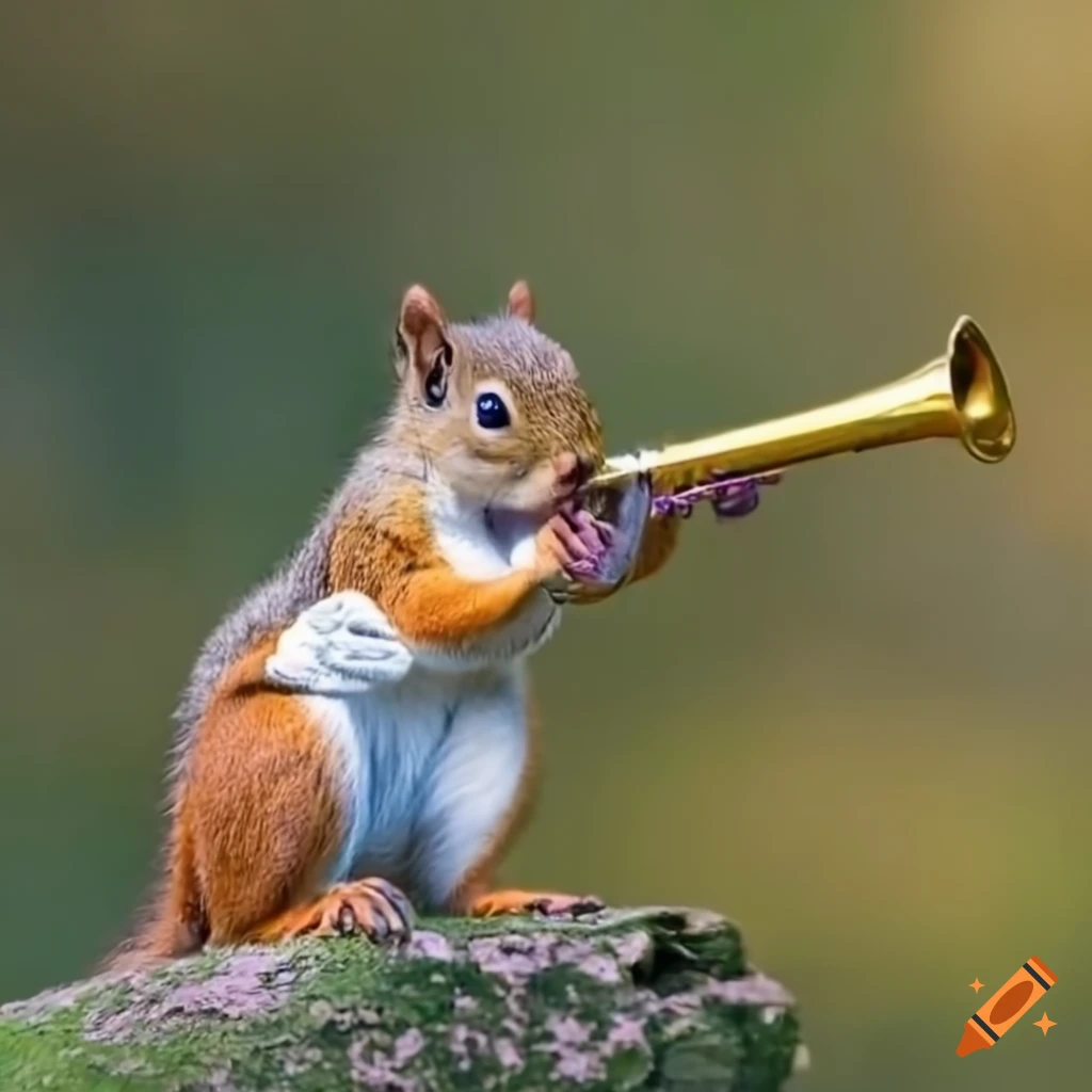 Playful squirrel with a carnival trumpet in an italian forest on Craiyon
