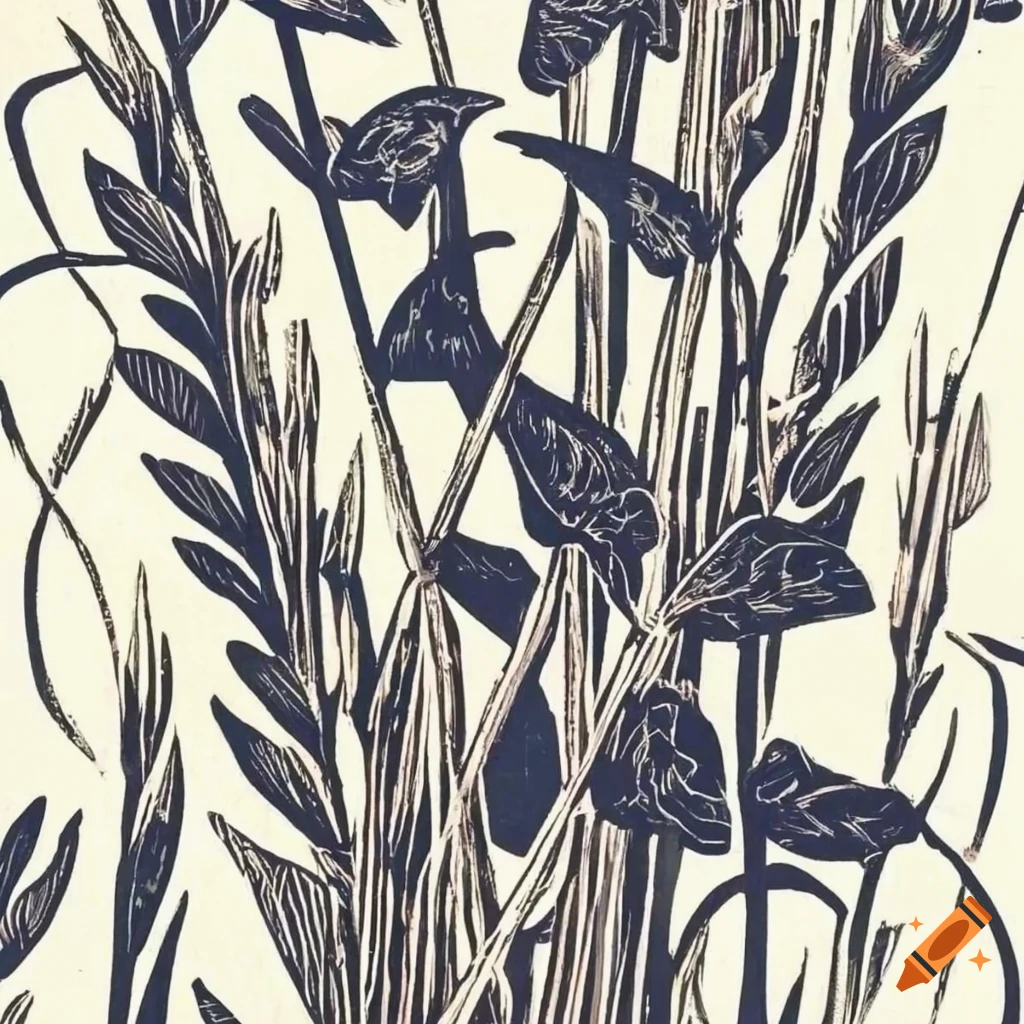 Long plants depicted in a linocut style on Craiyon
