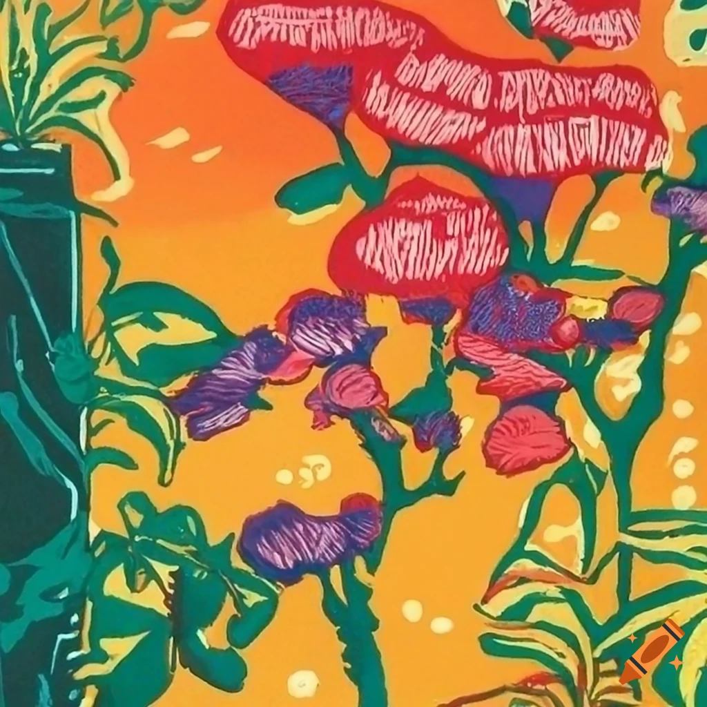 Lino print with colorful garden theme on Craiyon