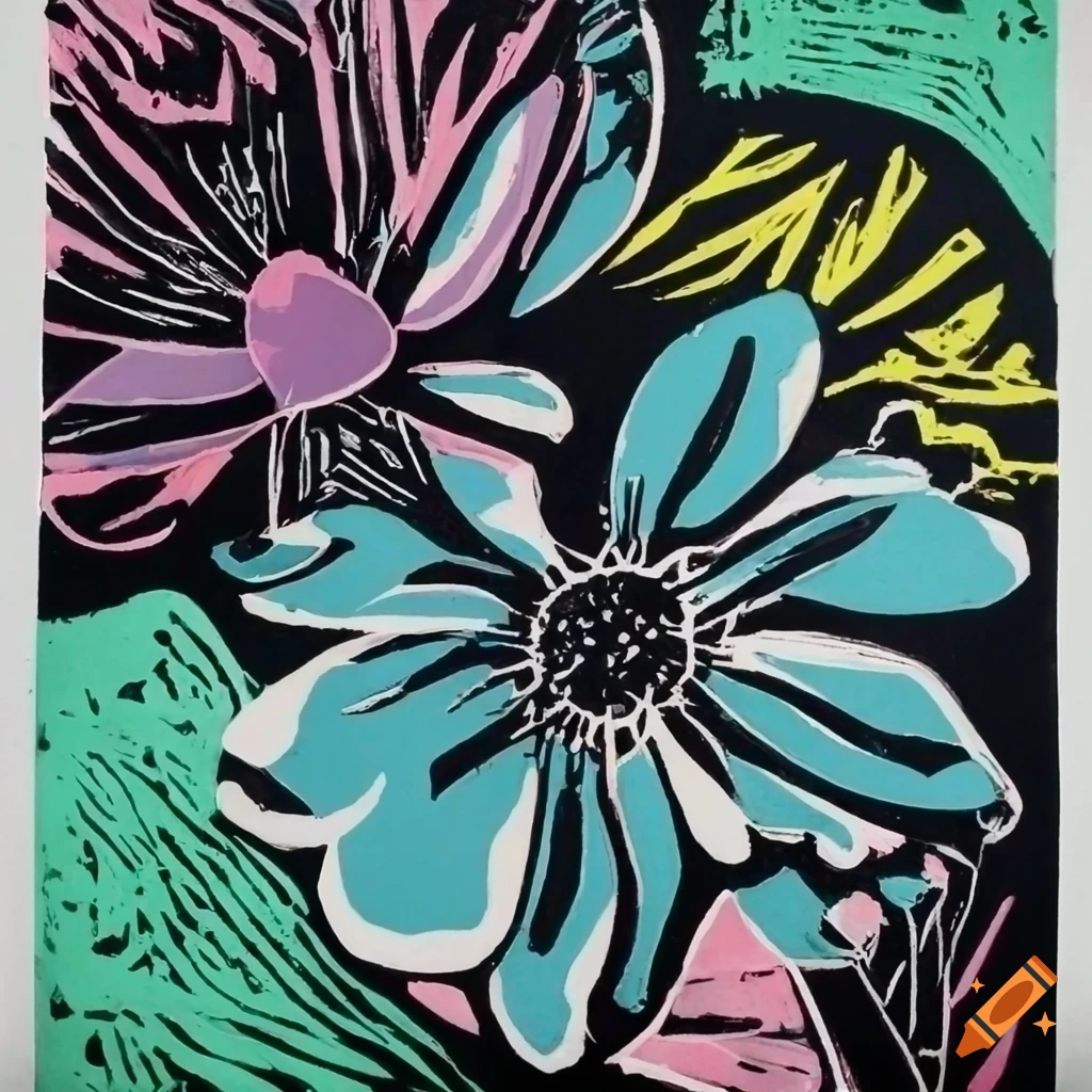 Lino print with colorful garden theme on Craiyon