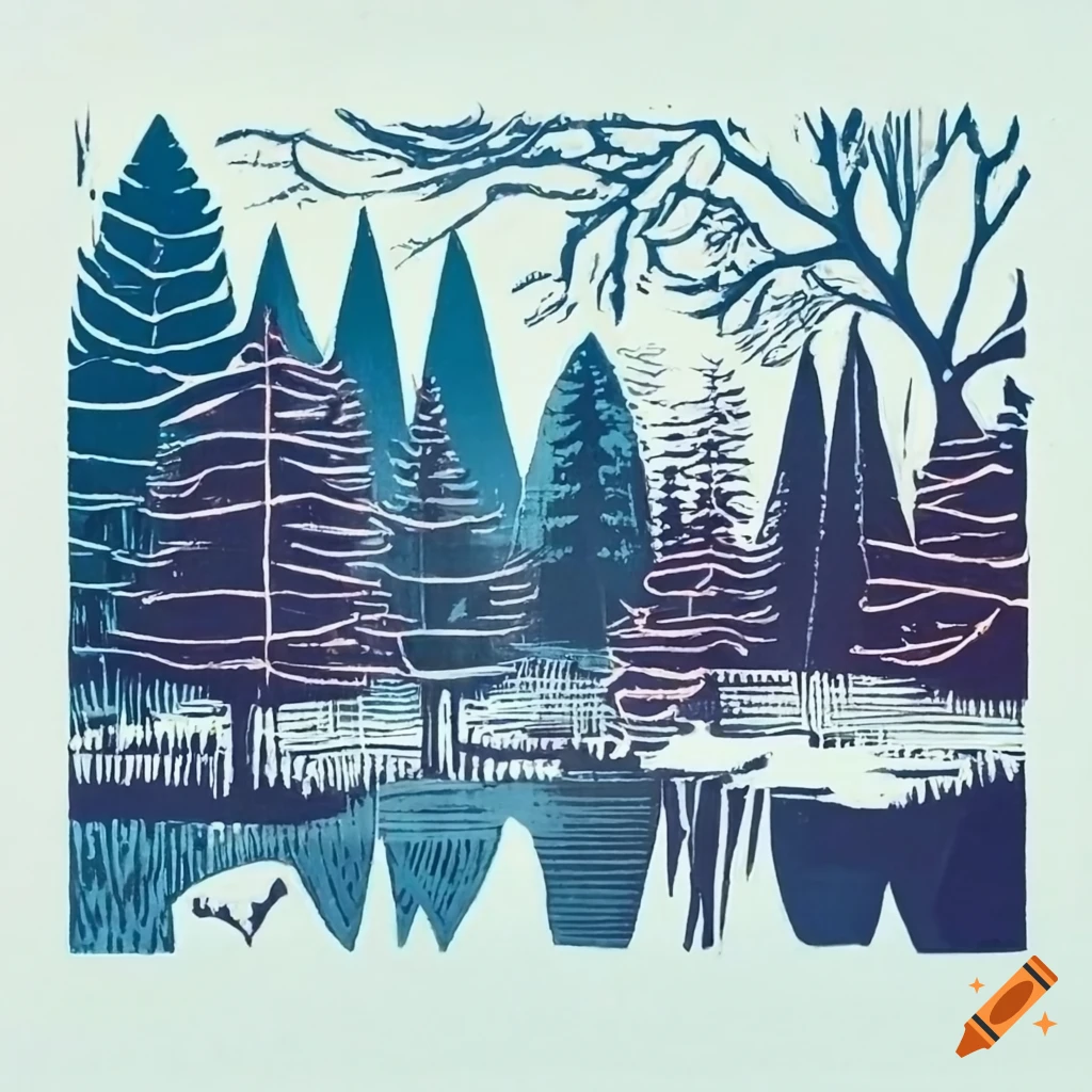 Forest and winter scene in linocut style on Craiyon