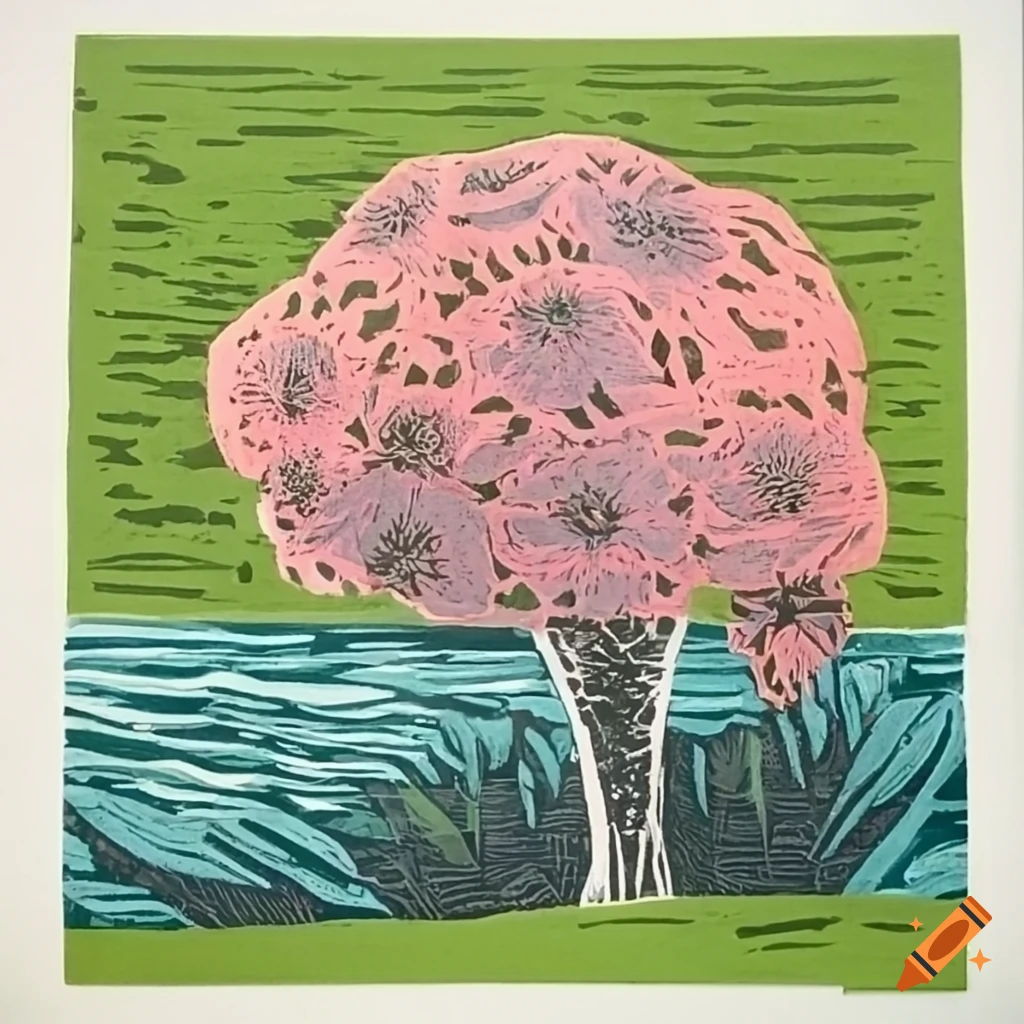 Lino print with colorful garden theme on Craiyon