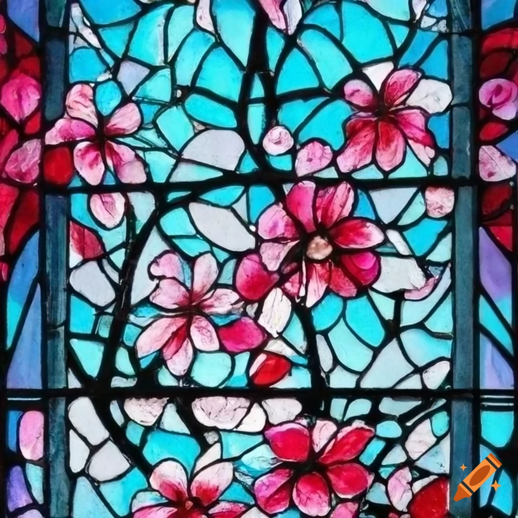 Stained glass art of a cherry blossom tree on Craiyon