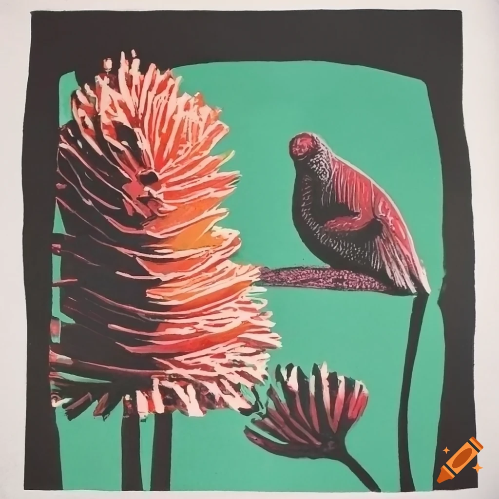 Lino print with colorful garden theme on Craiyon