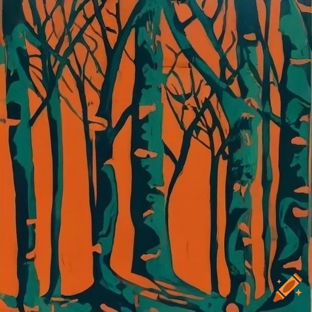 Lino print of a lush and colorful rainforest on Craiyon