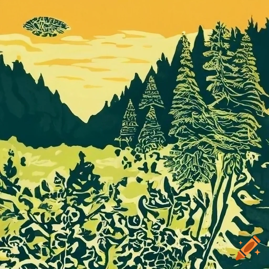 Forest and spring landscape in linocut style on Craiyon