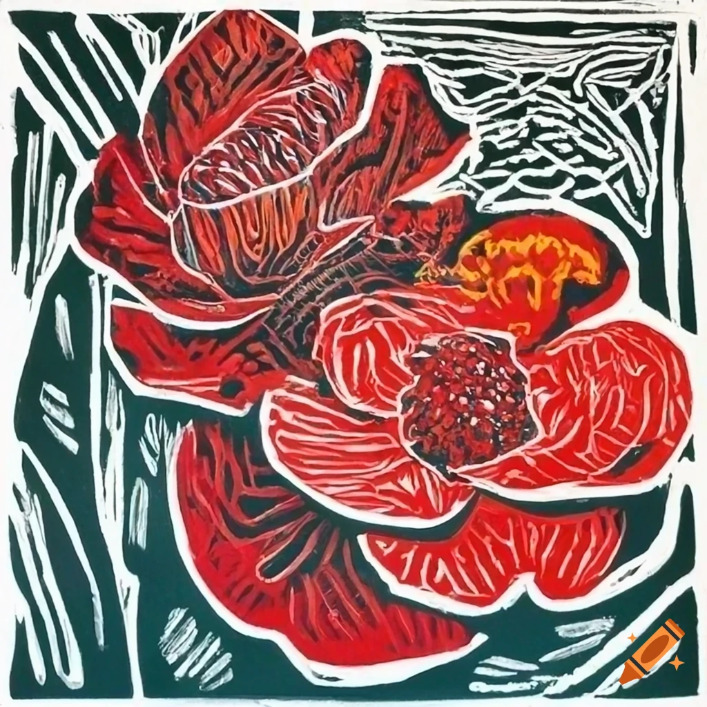 Lino print with colorful garden theme on Craiyon