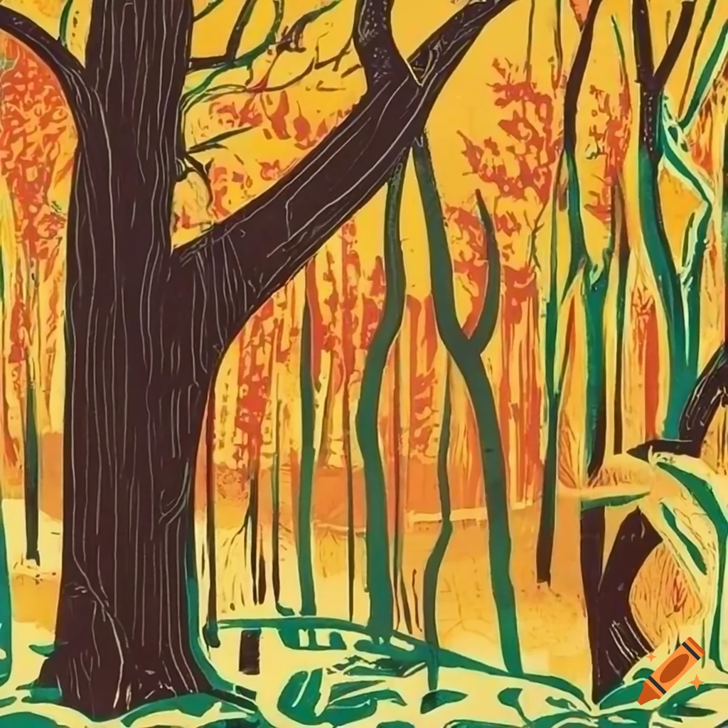 Forest and spring landscape in linocut style on Craiyon