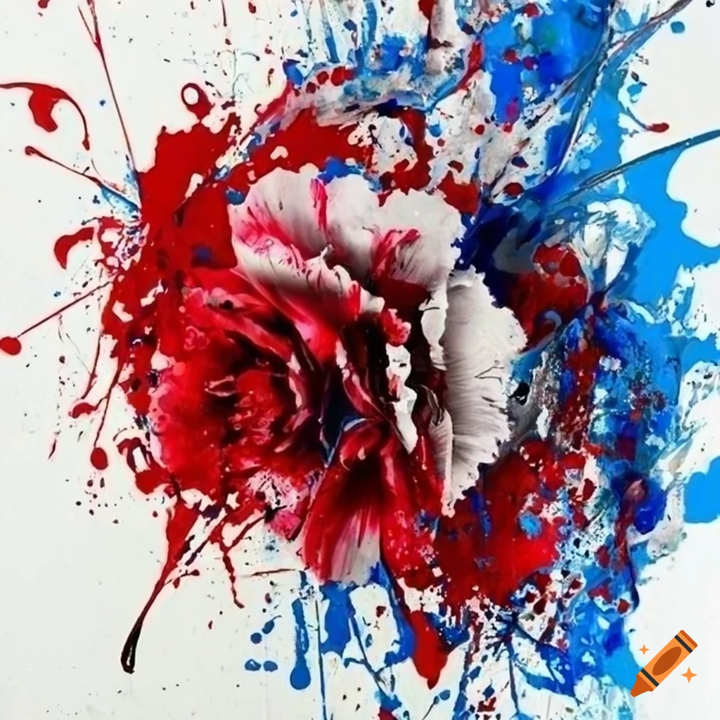 Abstract splatter painting in silver, white, red, and blue depicting ...
