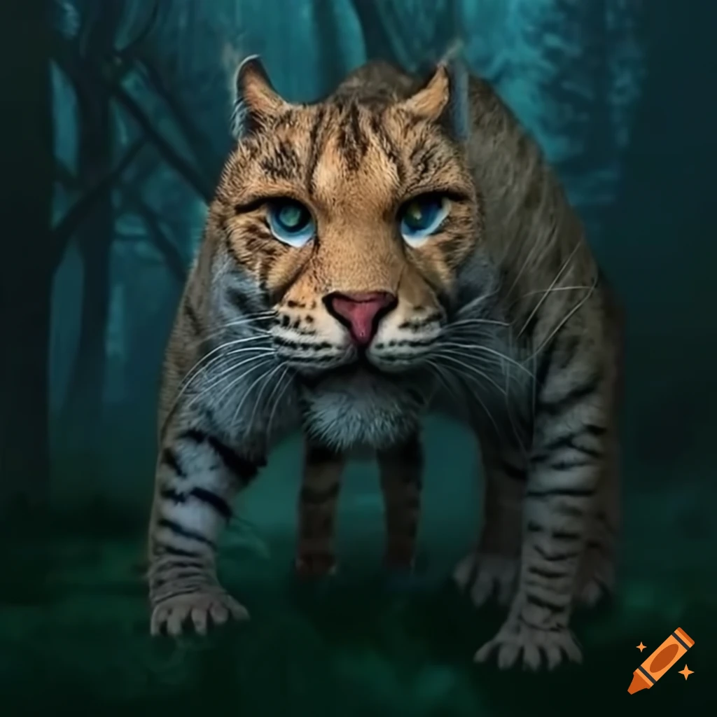 Big cat monster with blue eyes and brown fur under a full moon in a ...