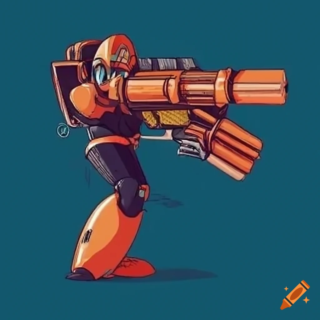 Mega man prototype sketch with a gatling gun on Craiyon