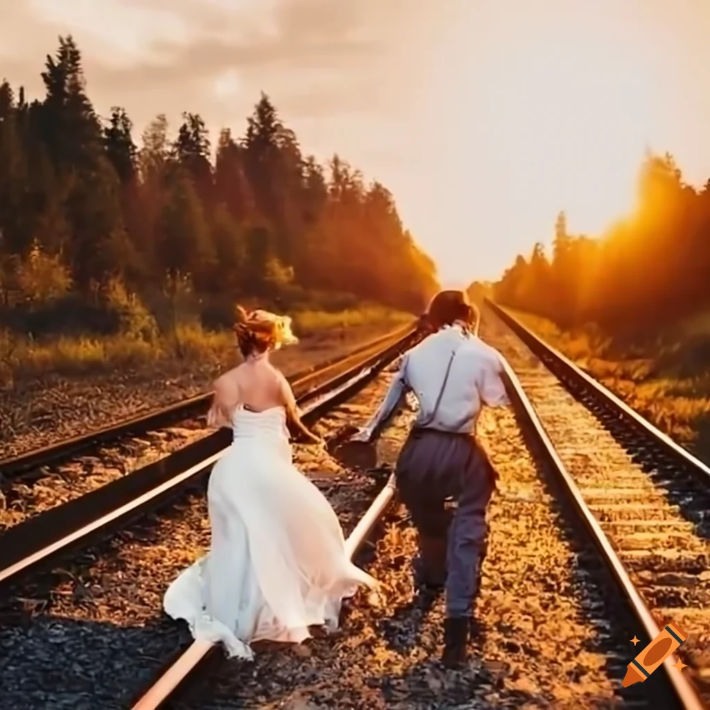 Cowboy running with bride on railroad track towards the sun on Craiyon