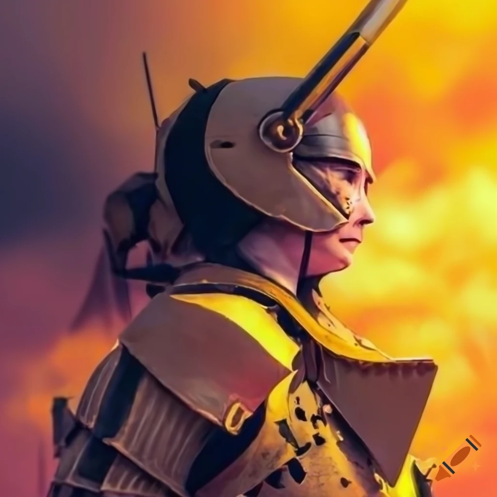 Helldiver in black and yellow armor against a pastel sky on Craiyon