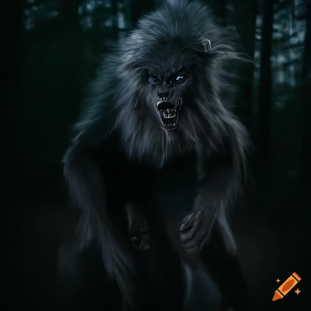 Werewolf with fierce blue eyes and black fur in a forest at night on ...