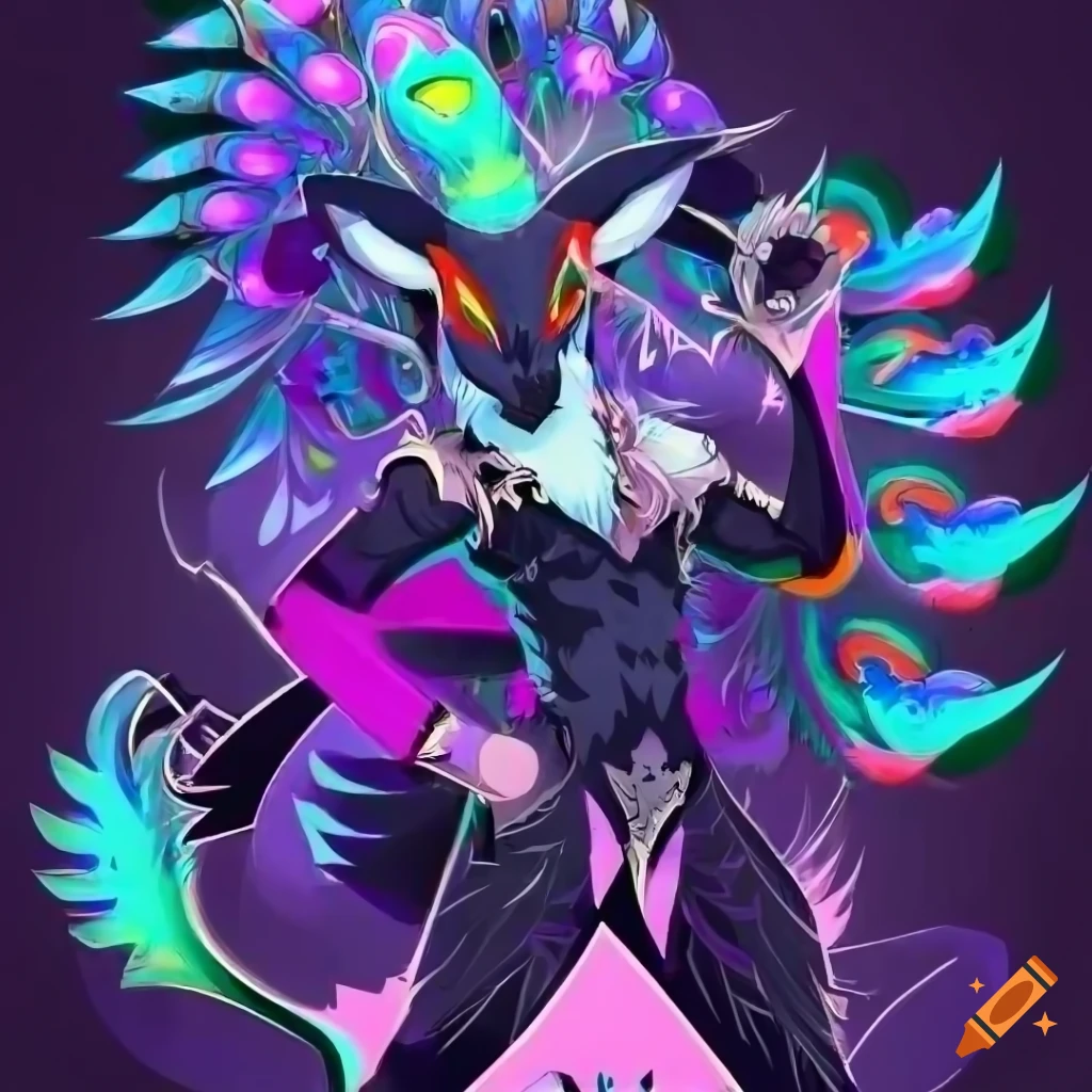 Ethereal fantastical anthro peacock goat demon in anime comic art style ...