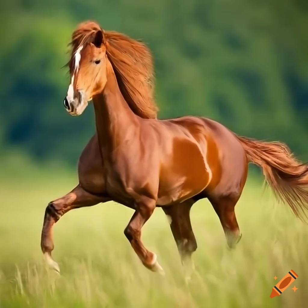 Chestnut stallion prancing on a grassy range on Craiyon