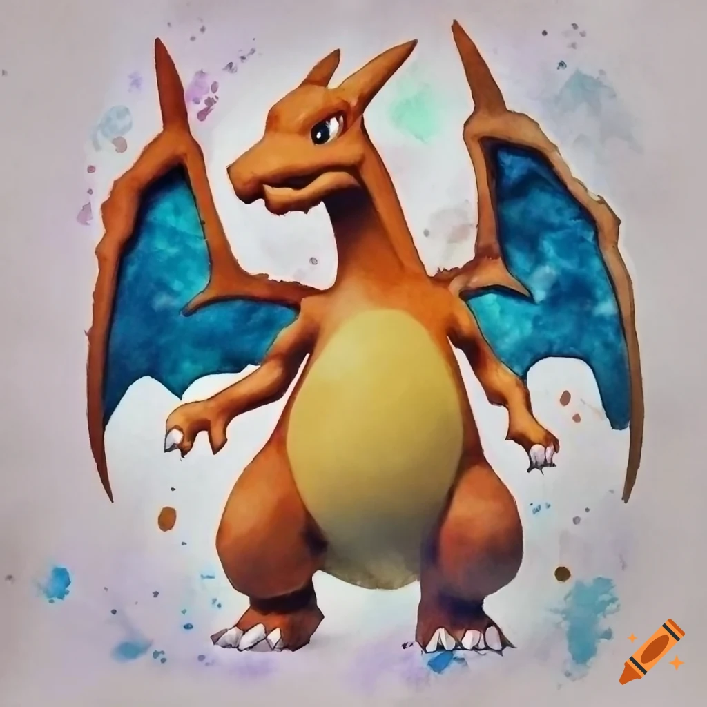 Wide angle watercolor artwork of charizard on Craiyon