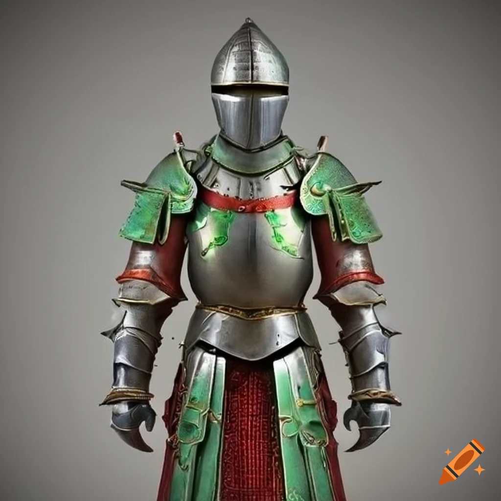 Stunning light-green and red knight armor set with intricate design on ...