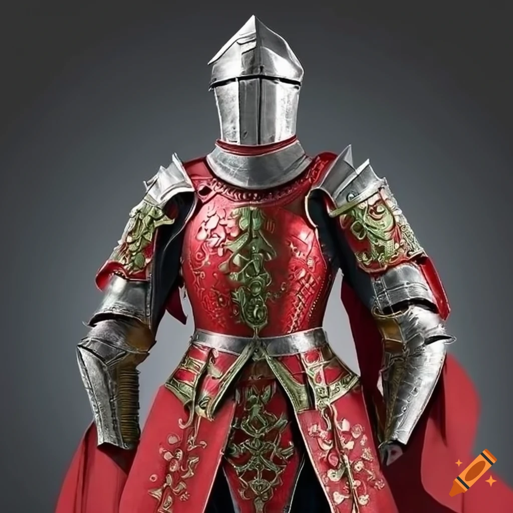 Stunning red and light-green knight armor set with intricate design on ...
