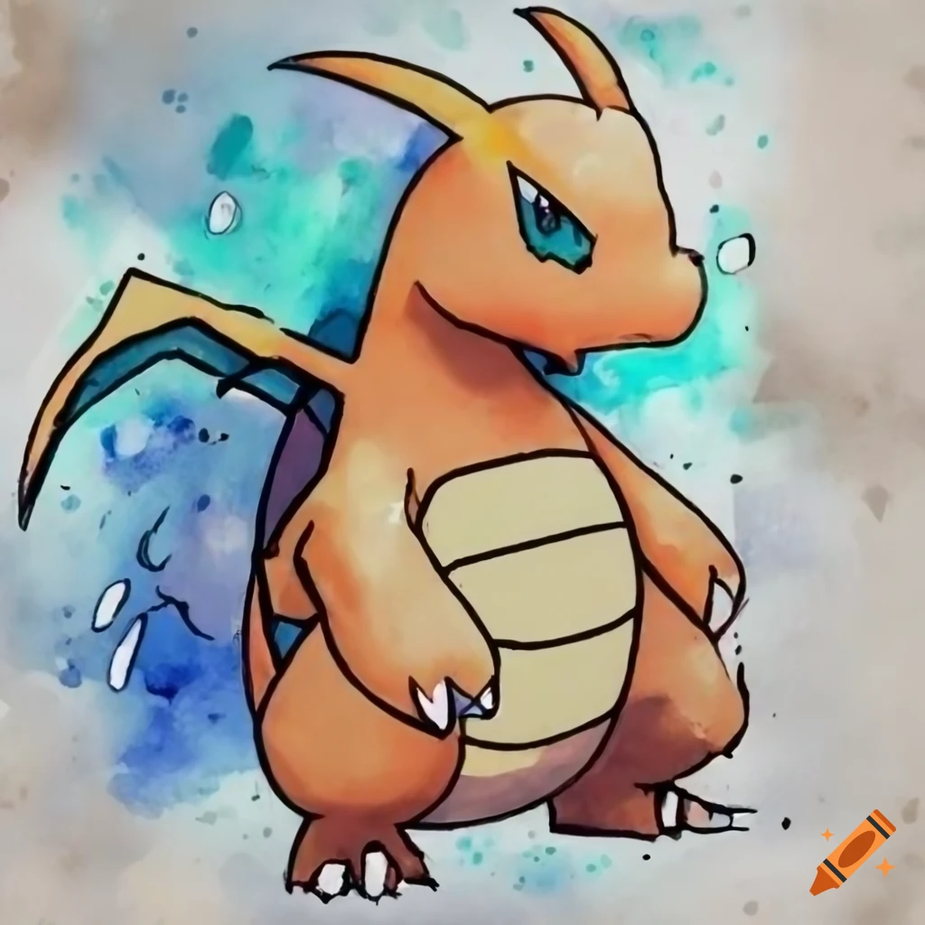 Watercolor painting of Pokemon Dragonite in wide angle view on Craiyon