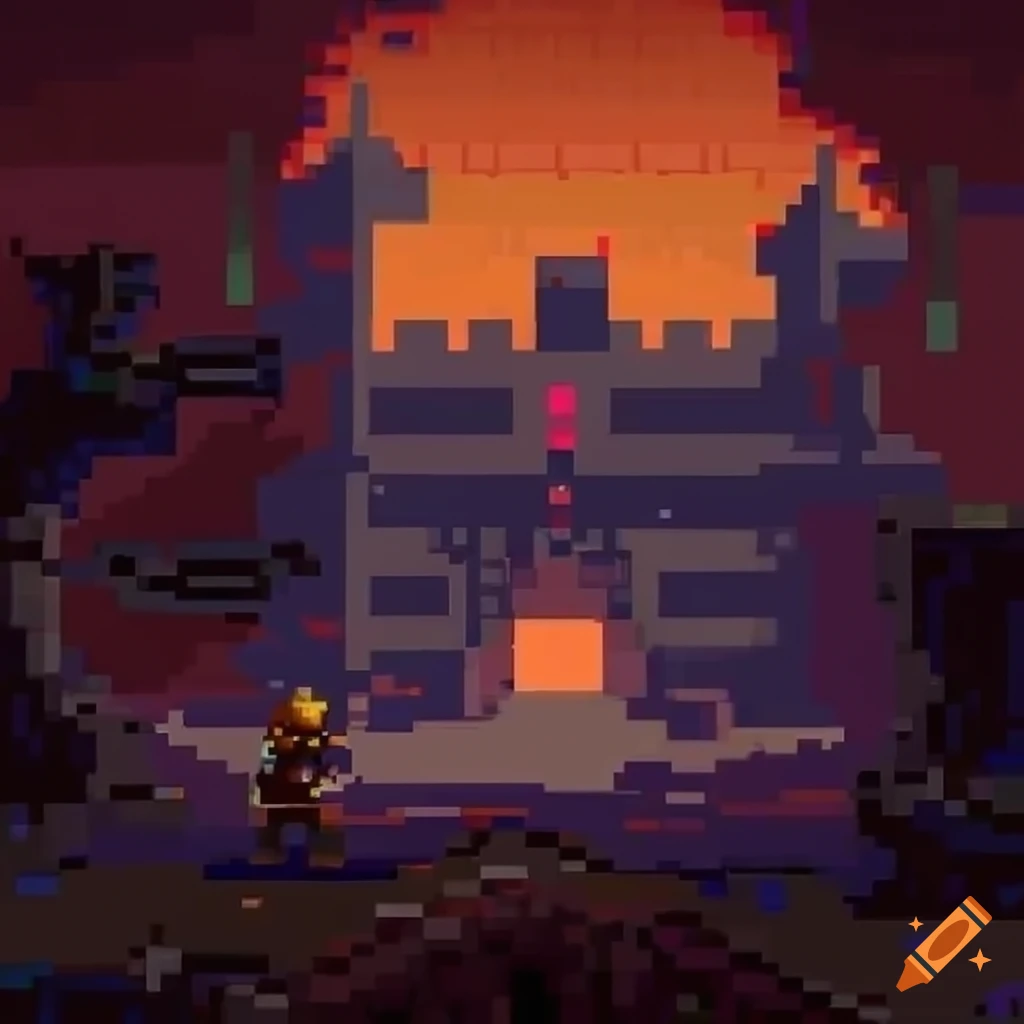 Retro-style fps game scene in the abandoned castle wily with maverick ...