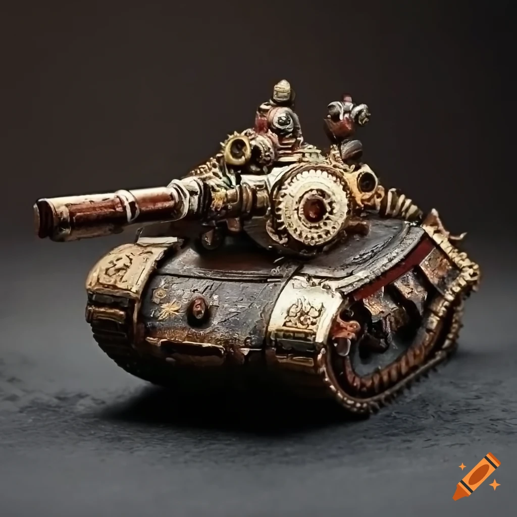 Detailed steampunk tank in a battle field board game model landscape on ...