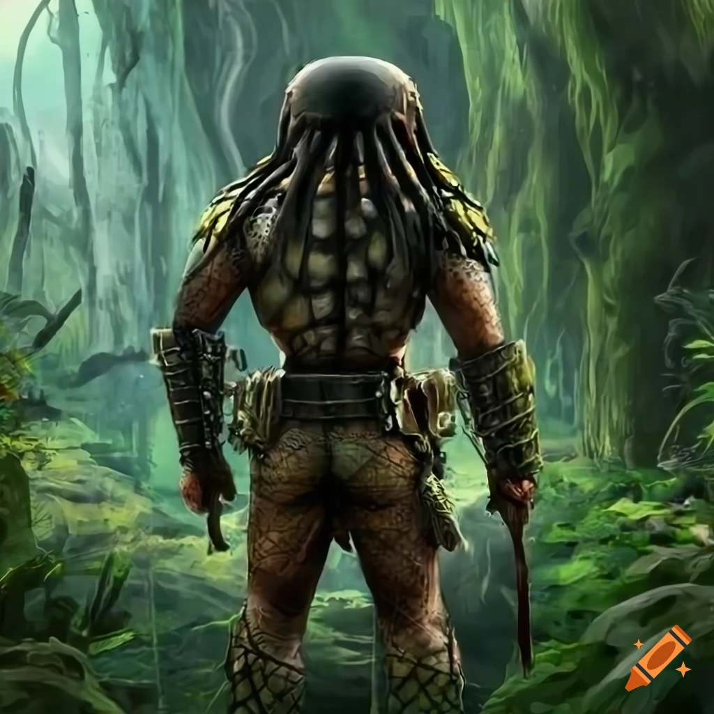 Hyper-realistic predator sf warrior with green eyes in a jungle ...