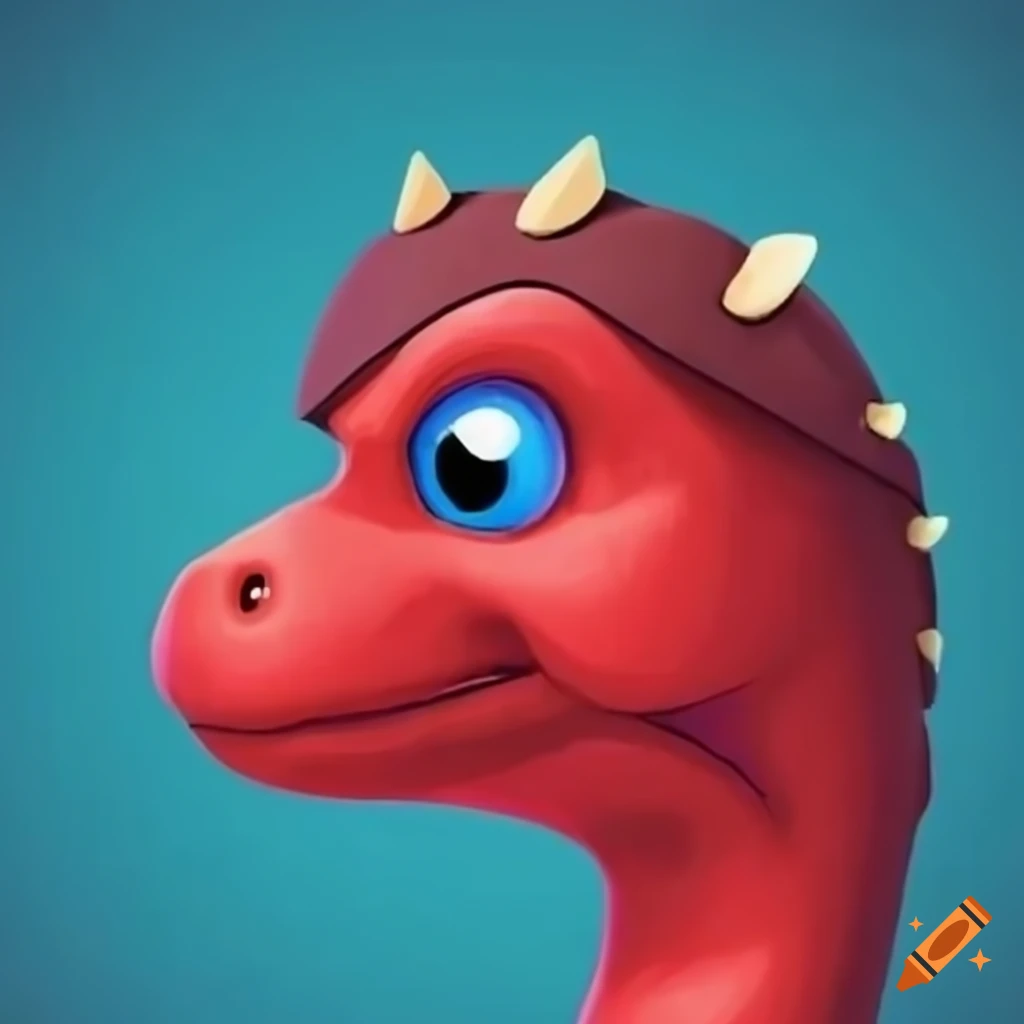 A small red dinosaur with blue eyes and a big head in a cartoon style ...