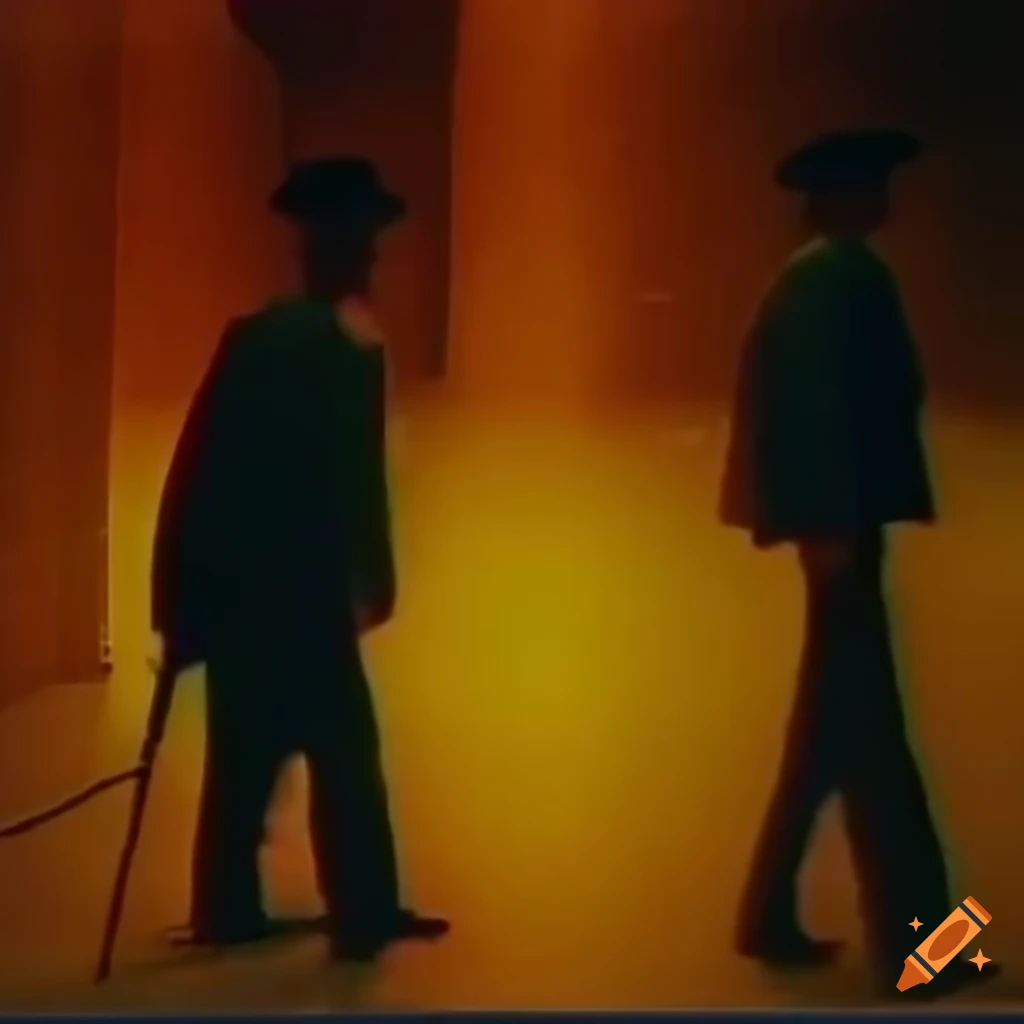 Crowd of men in suits and hats approaching giant paper mache head in ...