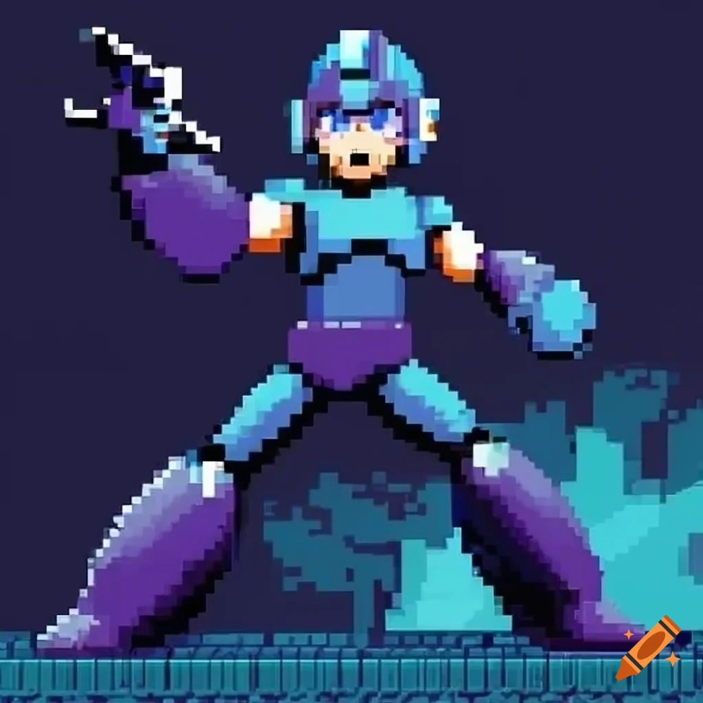 Mega man in a 1990s military sci-fi fps pixel art on Craiyon