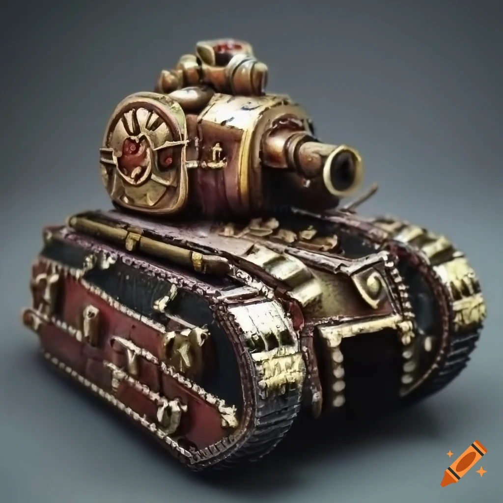 Elaborate steampunk tank with detailed armor and gem encrusting on Craiyon