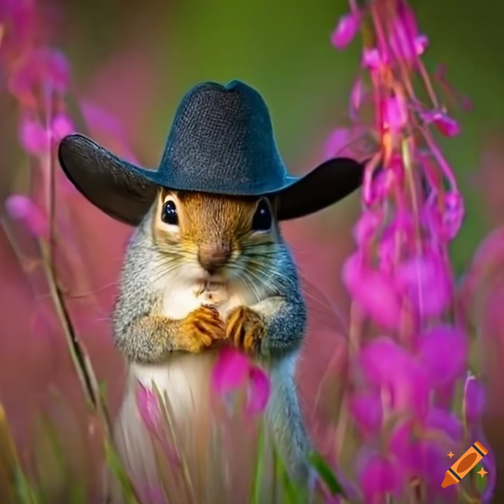 Playful squirrel wearing a cowboy hat among fireweed on Craiyon