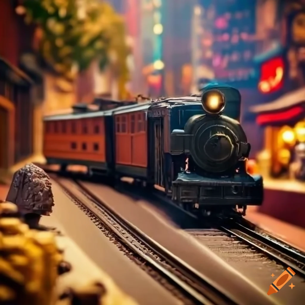 Steam train model in a bustling 1950s China diorama on Craiyon