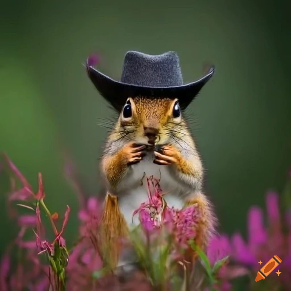 Playful squirrel wearing a cowboy hat among fireweed on Craiyon