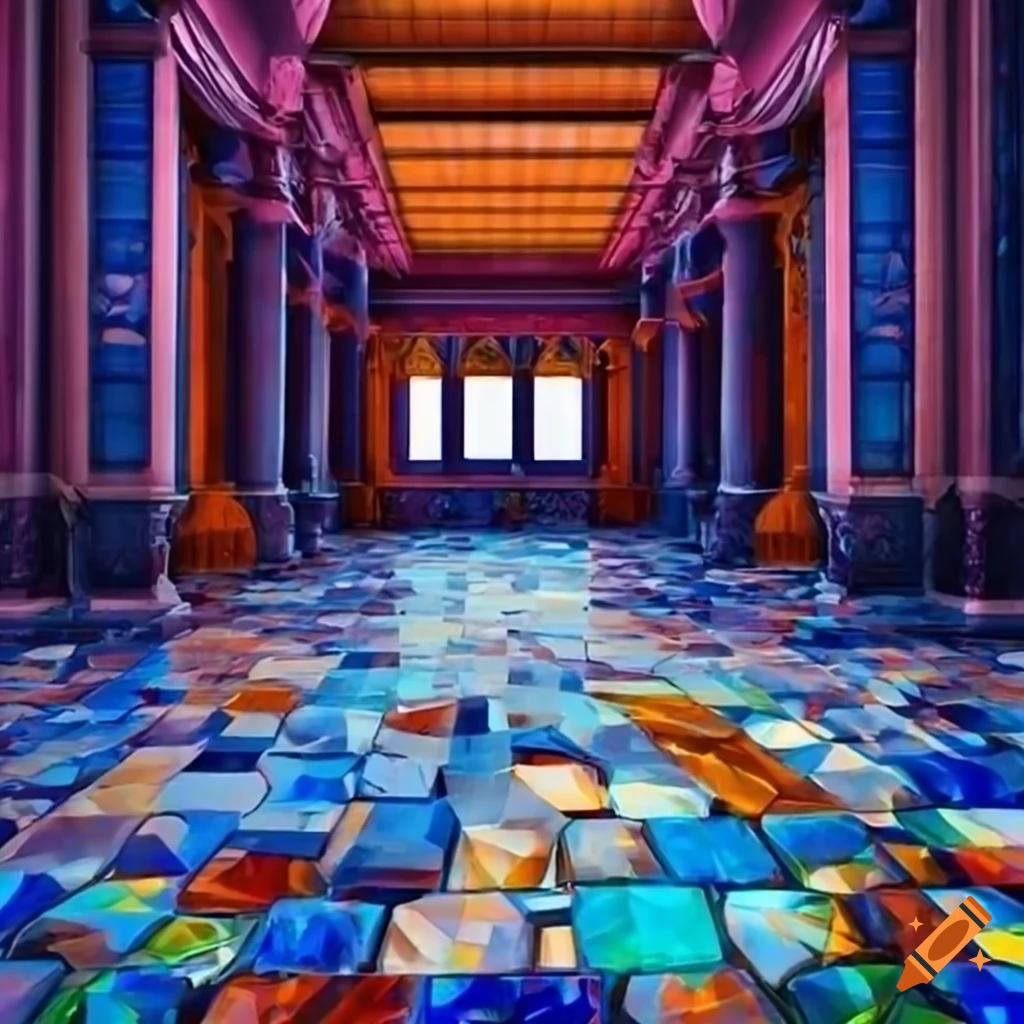 Colorful gemstone floor in a luxurious living room on Craiyon