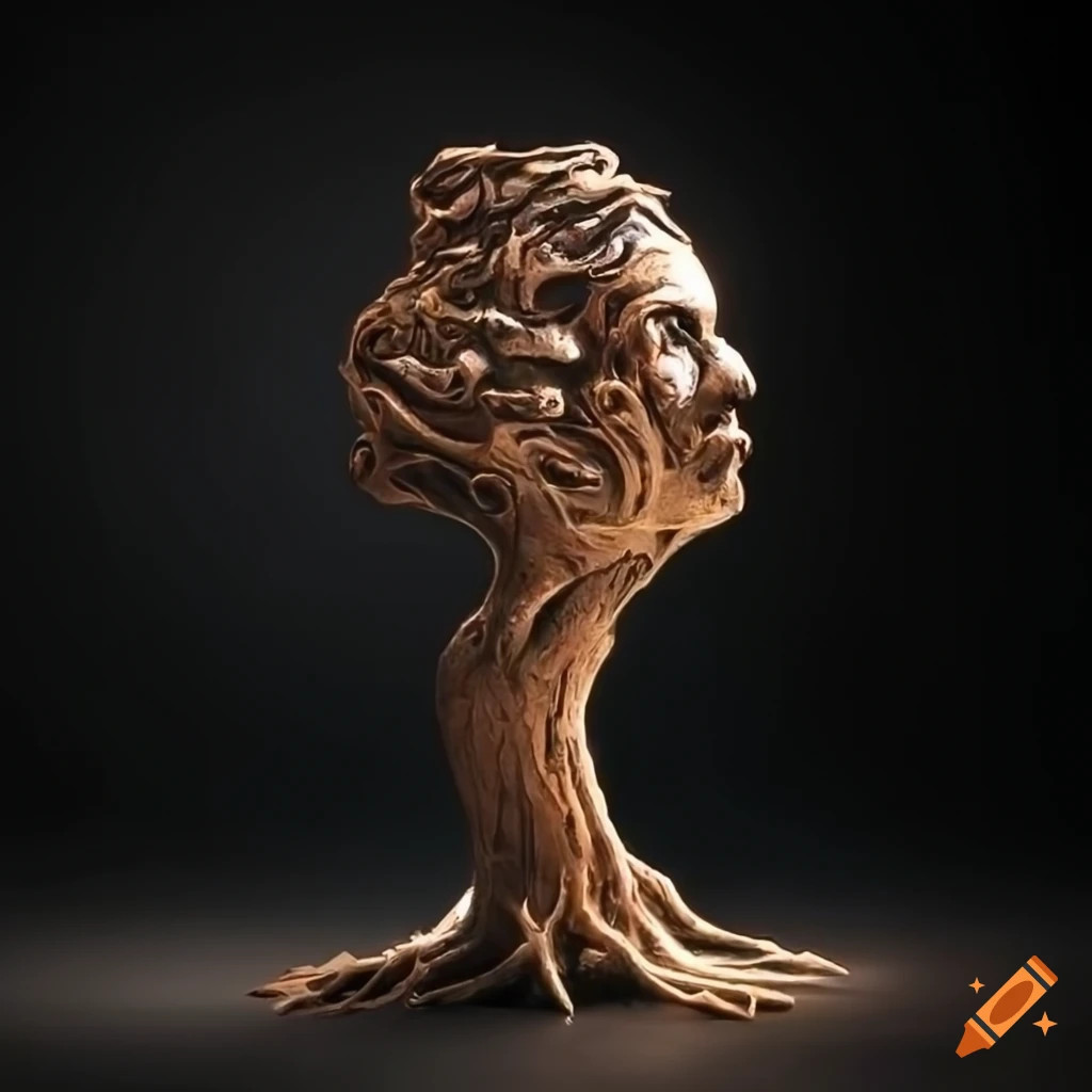 Metal carving of tree and roots in art nouveau style on Craiyon