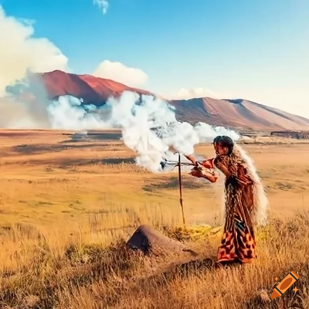 Indigenous messengers sending smoke signals in the mountains on Craiyon