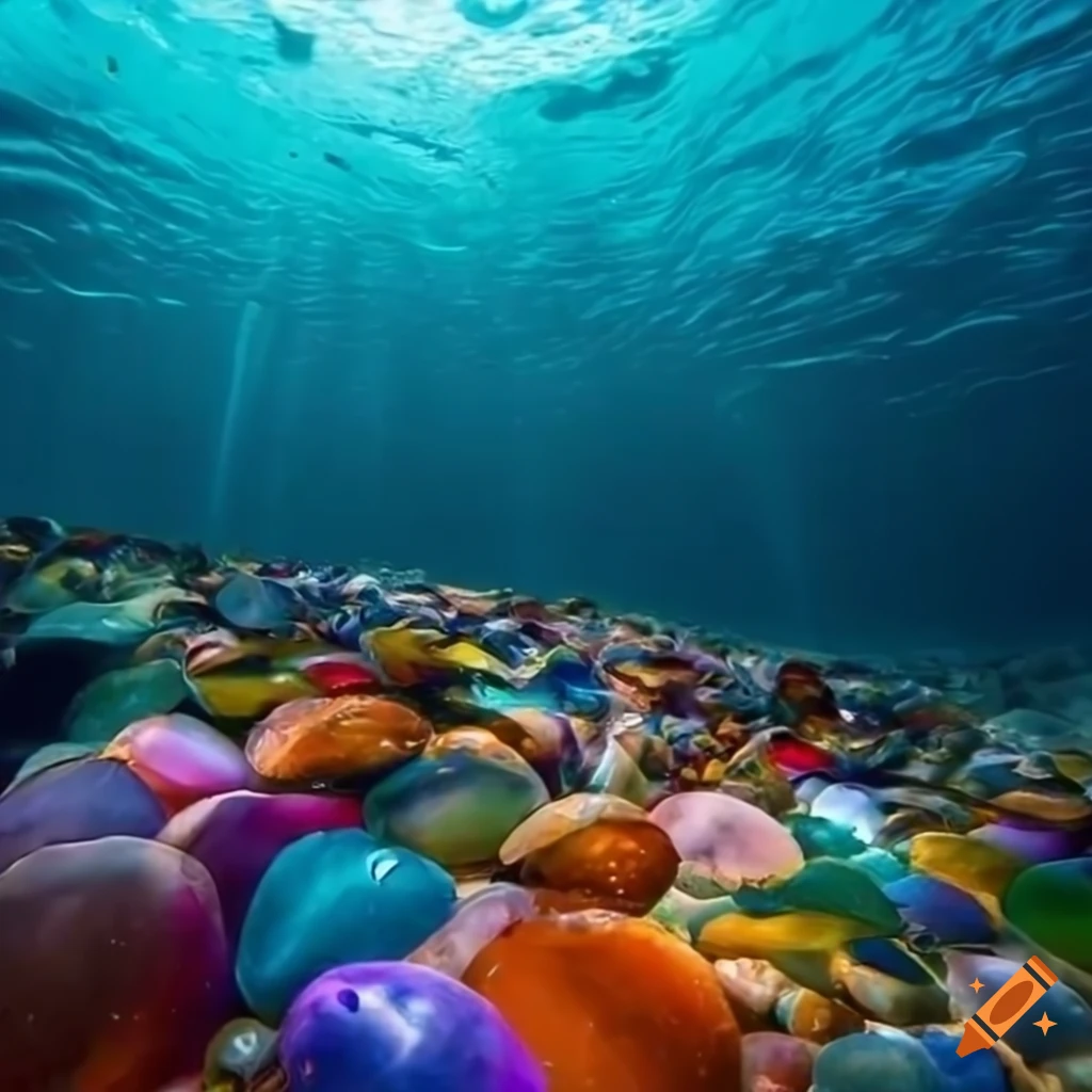 Underwater scene of colorful gemstones amidst powerful waves on Craiyon