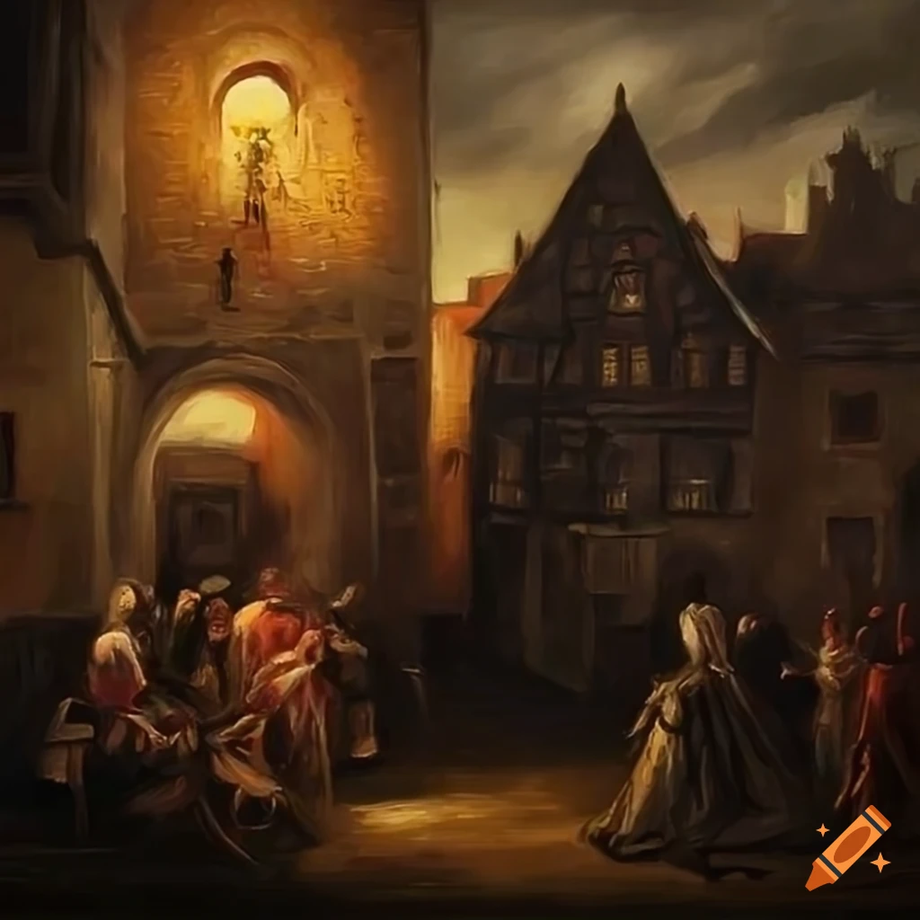 Wide angle oil painting of medieval town gathering for rations on Craiyon