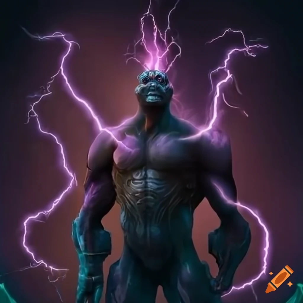 Monstrous humanoid with six arms wielding a lightning weapon on Craiyon