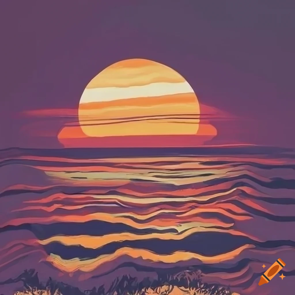 Minimalistic retro shore art at sunset on Craiyon