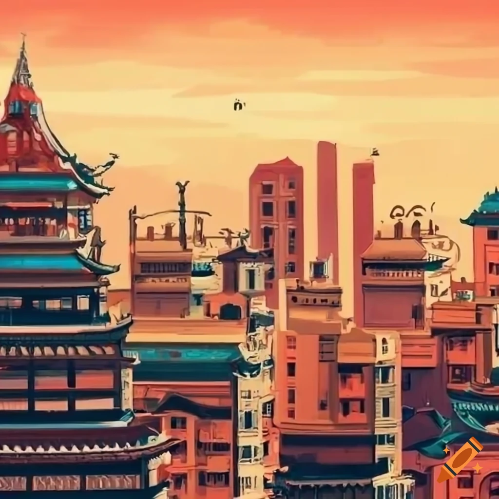 Vibrant isometric view of a traditional Chinese cityscape with model ...