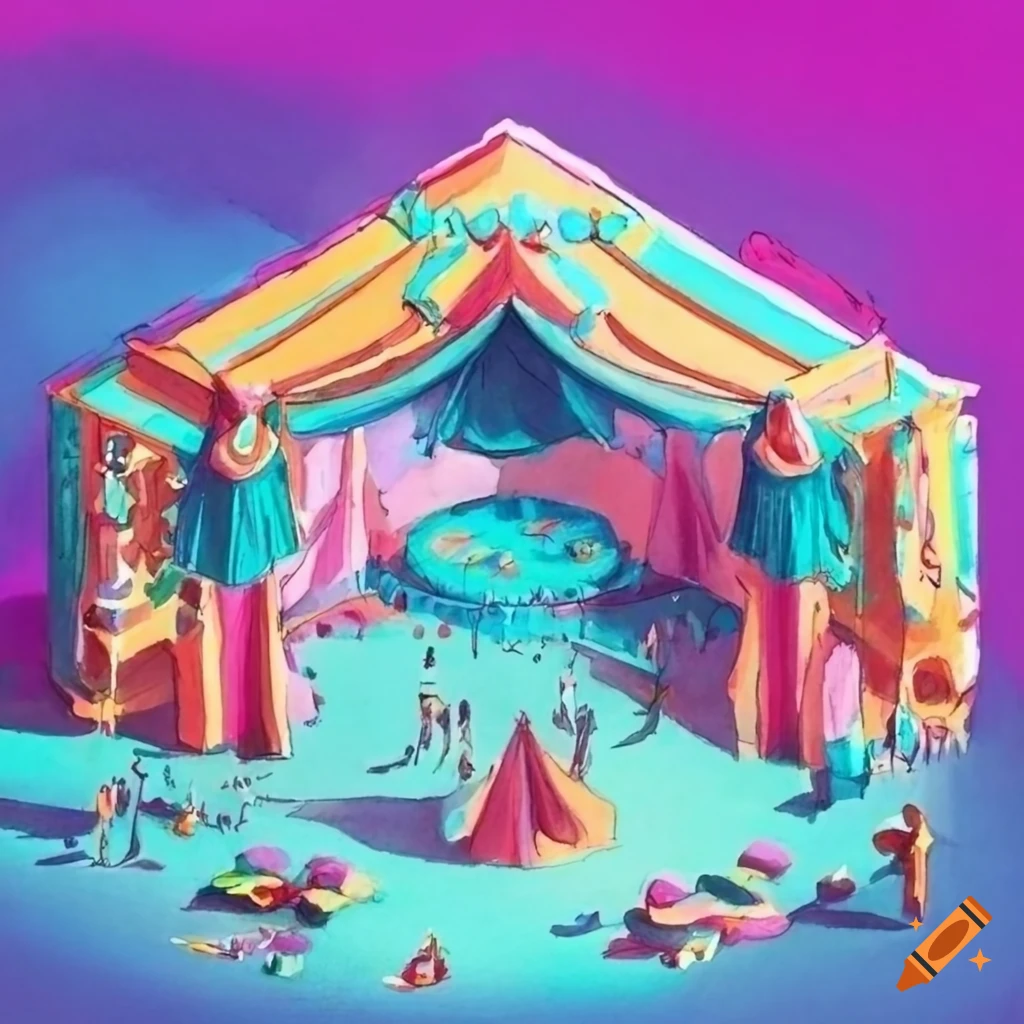 Isometric festival stage sketch in pastel colors on Craiyon
