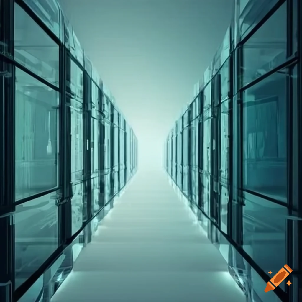 Endless corridor with many glass boxes on Craiyon