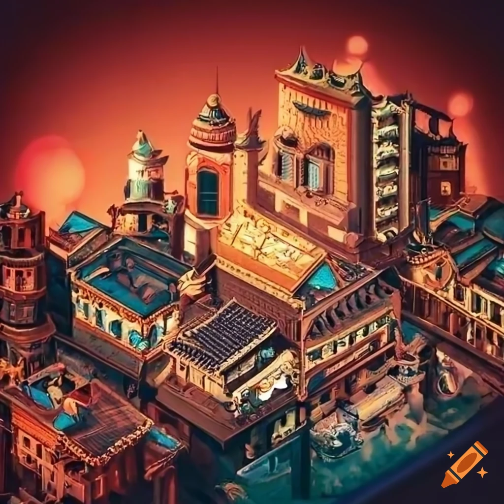 Detailed vintage traditional chinese cityscape with model railroads and ...