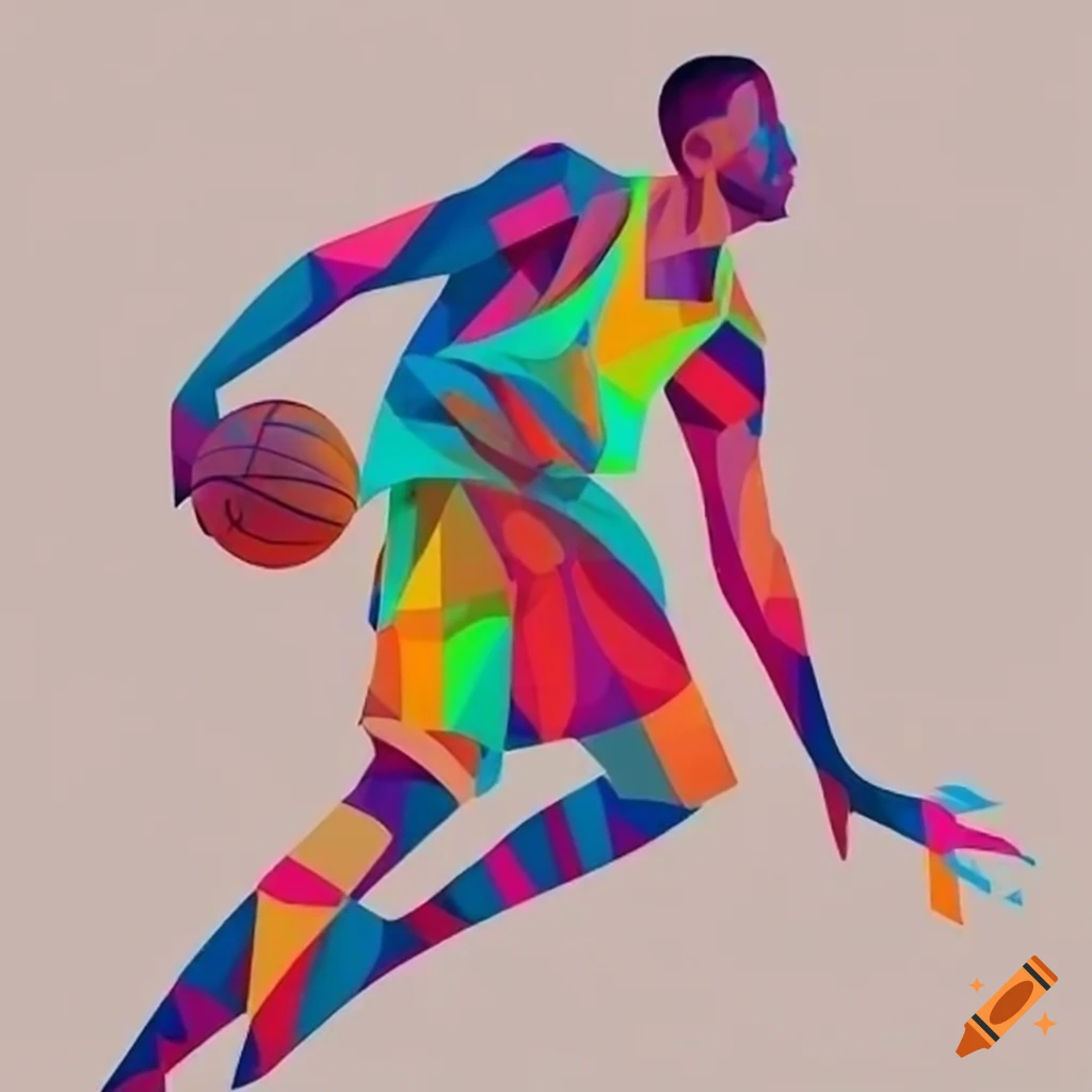 Geometric abstract basketball player with Kansas City skyline on Craiyon