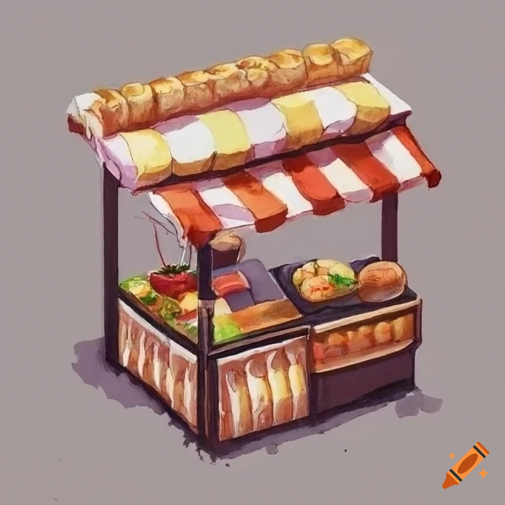 Realistic isometric drawing of a colorful food stall in aquarelle style ...