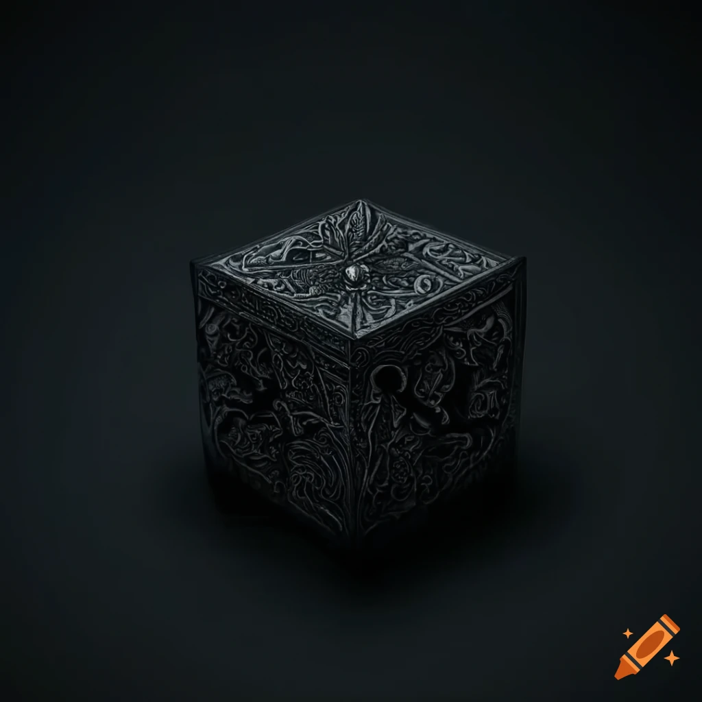 Black cube with engraved symbols in a fantasy style on Craiyon