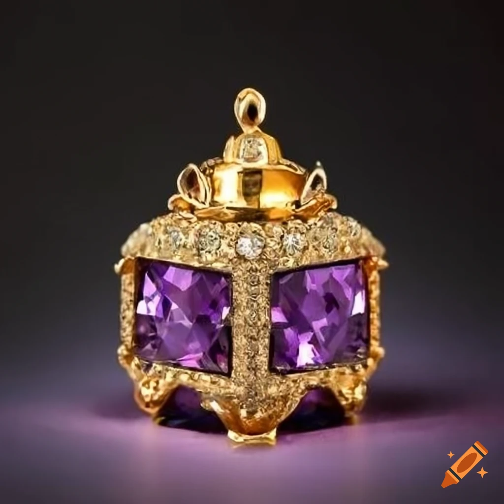 Intricately designed golden cube with amethyst gems, ancient artifact ...